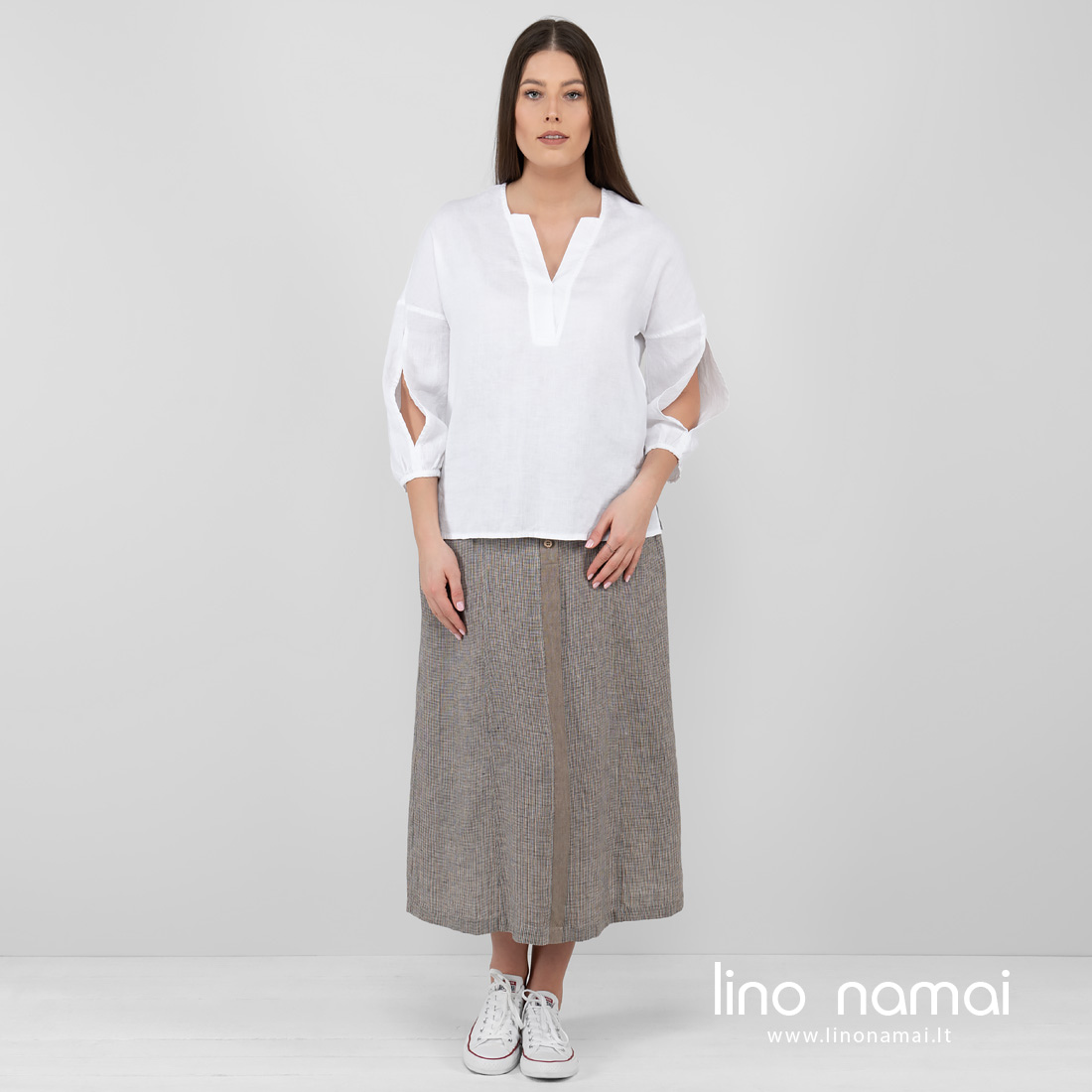 Lininė Balta Palaidinė Kiauros Rankovės, Tiesi | Lino Namai.